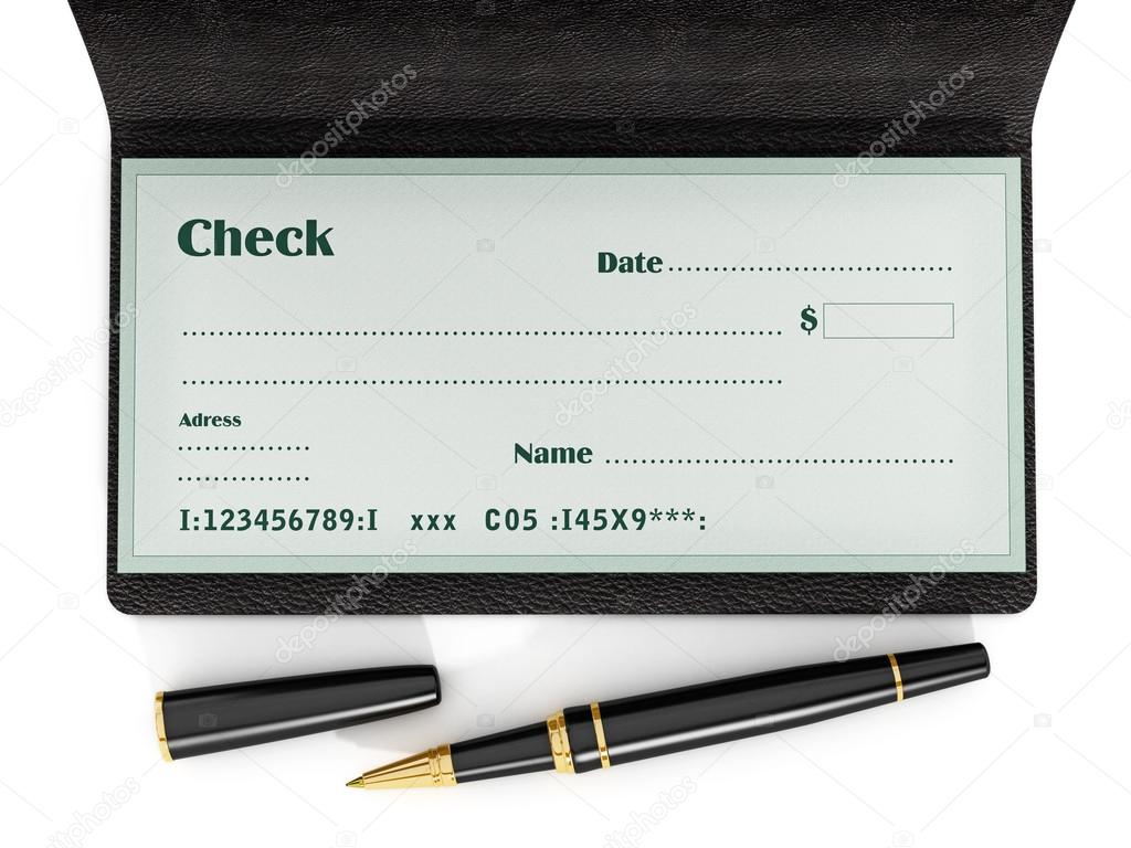 Pen standing on chekbook isolated on white background. 3D illustration ...
