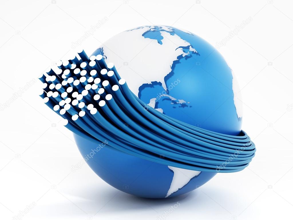 Fiber optic cables around the globe isolated on white background. 3D ...