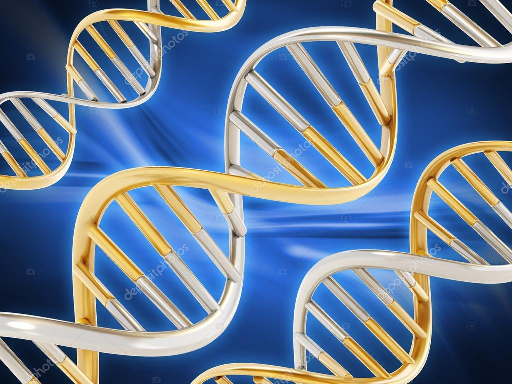Gold and silver colored dna helix on blue surface. 3D illustration ...