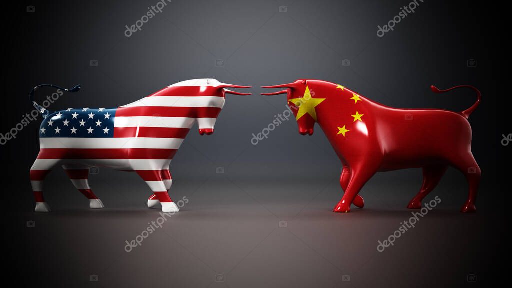 Toros con banderas americanas y chinas uno frente al otro sobre fondo ...