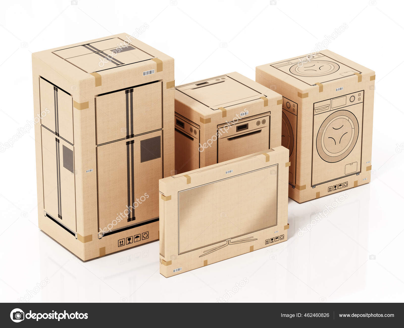Home appliances boxes isolated on white background. 3D illustration ...