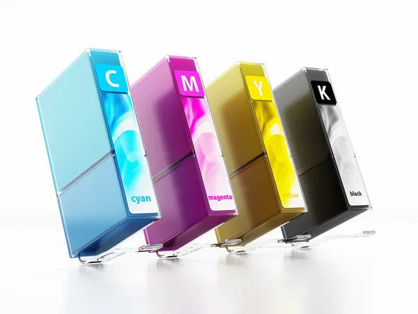 Generic inkjet printer CMYK cartridges isolated on white background. 3D ...