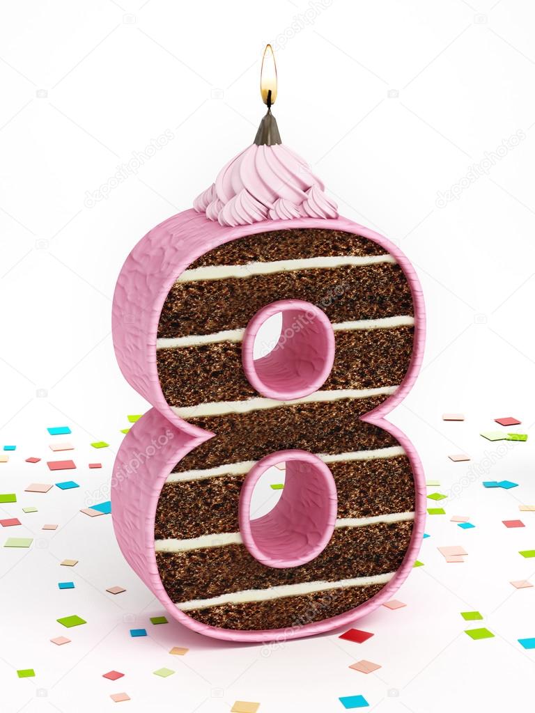 Number 8 shaped chocolate birthday cake with lit candle Stock Photo by ...