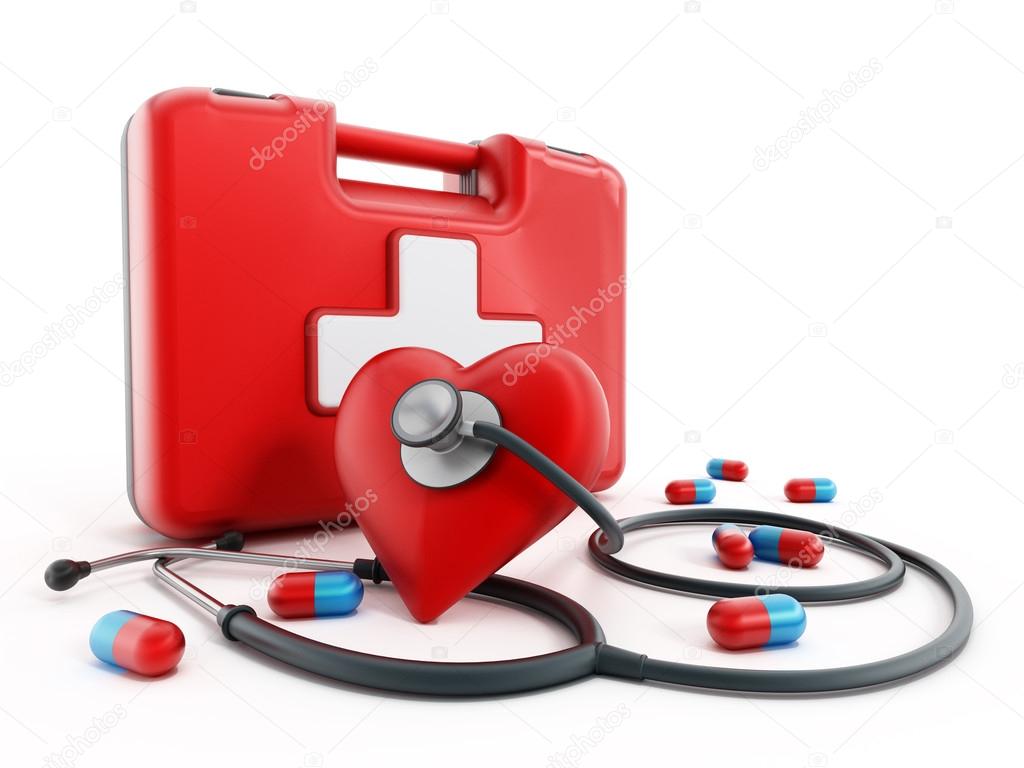 First aid kit, stethoscope and pills Stock Photo by ©destinacigdem 65994343