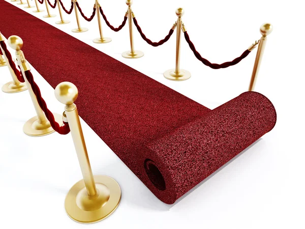 Gold ingots standing on red carpet with velvet ropes on both sides. 3D ...