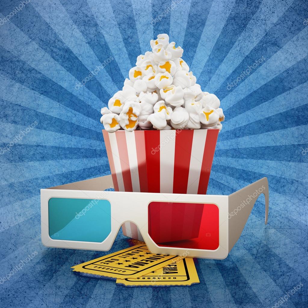 Popcorn, 3D glasses and cinema tickets on vintage background — Stock Photo © destinacigdem #78989404