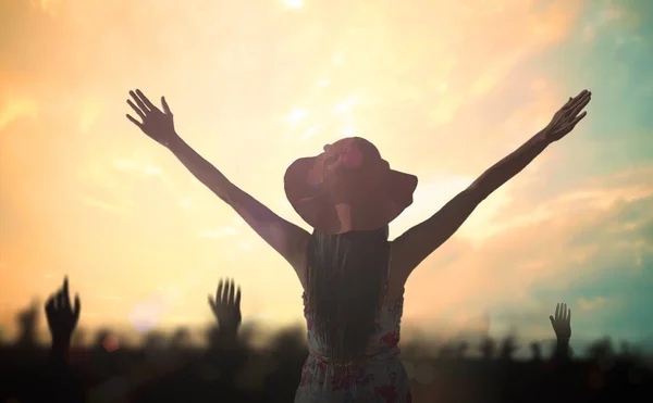 Praise Worship God Concept Silhouette Healthy Woman Raised Hands Praise — Stock Photo © choat ...