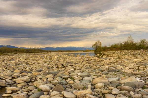 Beautiful landscape view over the low level of water in the river ...