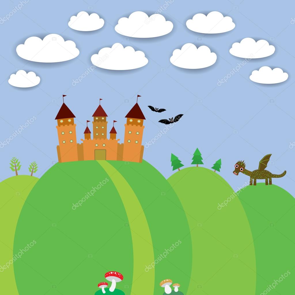 Landscape with castle wizard, Cartoon Dragon, bats and blue sky with ...