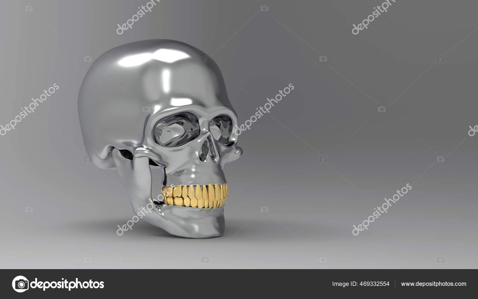 Render Skull Gray Shiny Gold Teeth Gray Background — Stock Photo ...