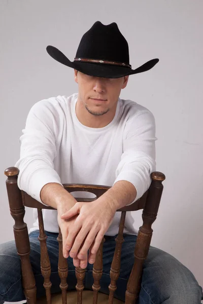 Pensive Man Undershirt Black Cowboy Hat — Stock Photo © artistallen ...