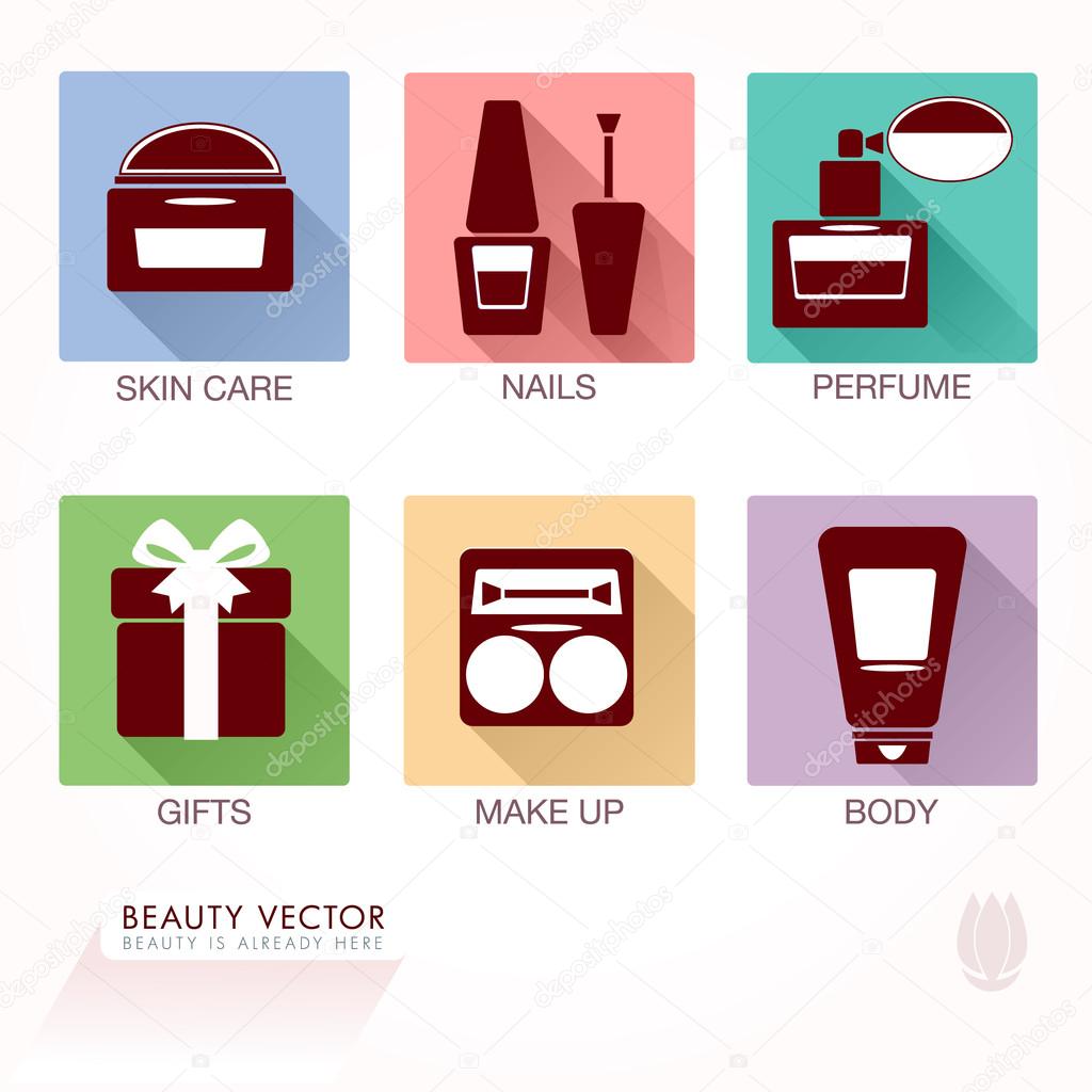 Conjunto De 6 Iconos De Cosméticos Planos Con Fondo De Color Y Sombras