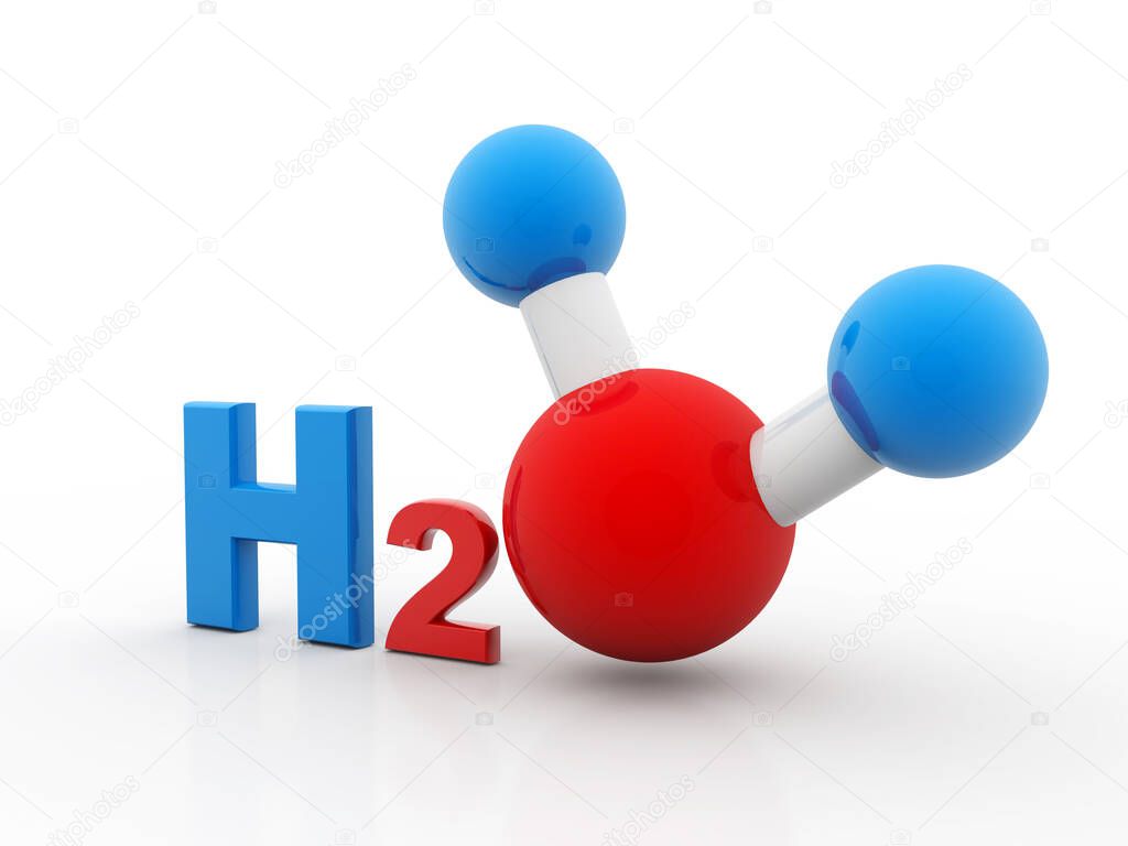 Agua o molécula de H2O en fondo blanco, representación 3D 2022