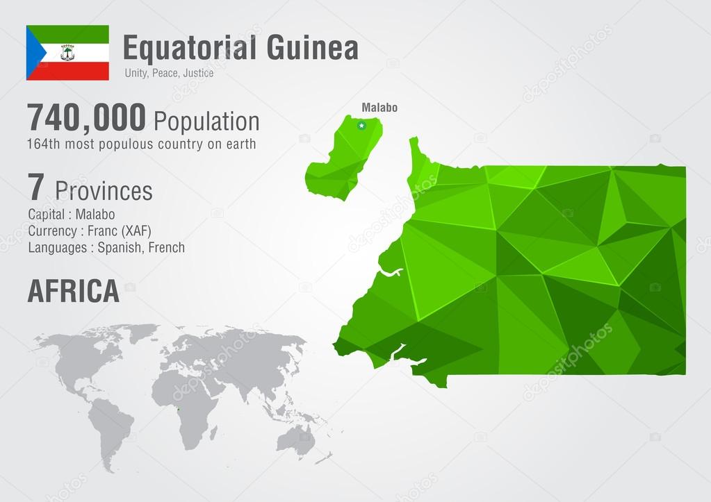 Guinea Ecuatorial mapa del mundo con una textura de pixel diamante. 2024