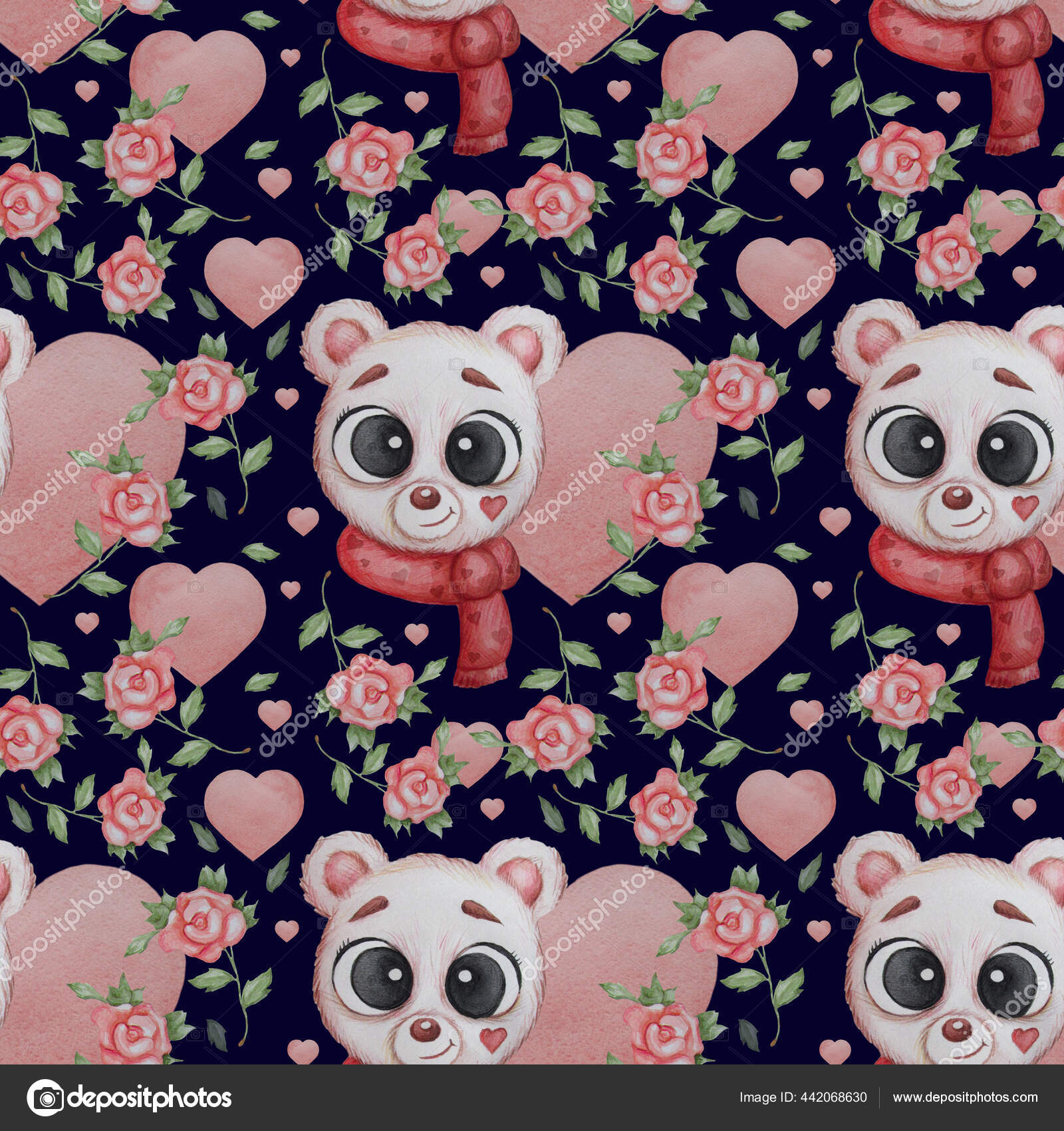 Seamless Patterns Portrait White Polar Bear Red Scarf Dark Blue Stock ...