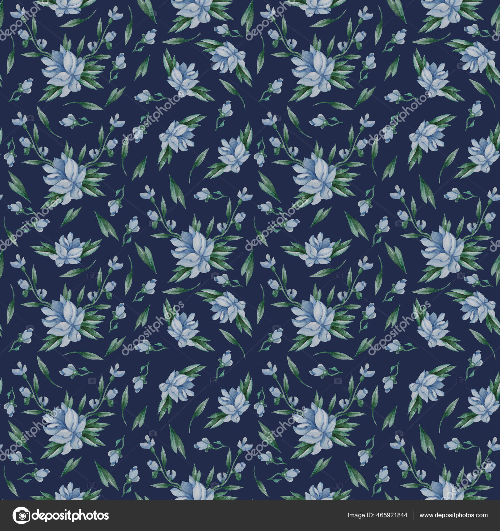 Seamless patterns. Floral patterns - Blue flowers, buds and leaves on a ...