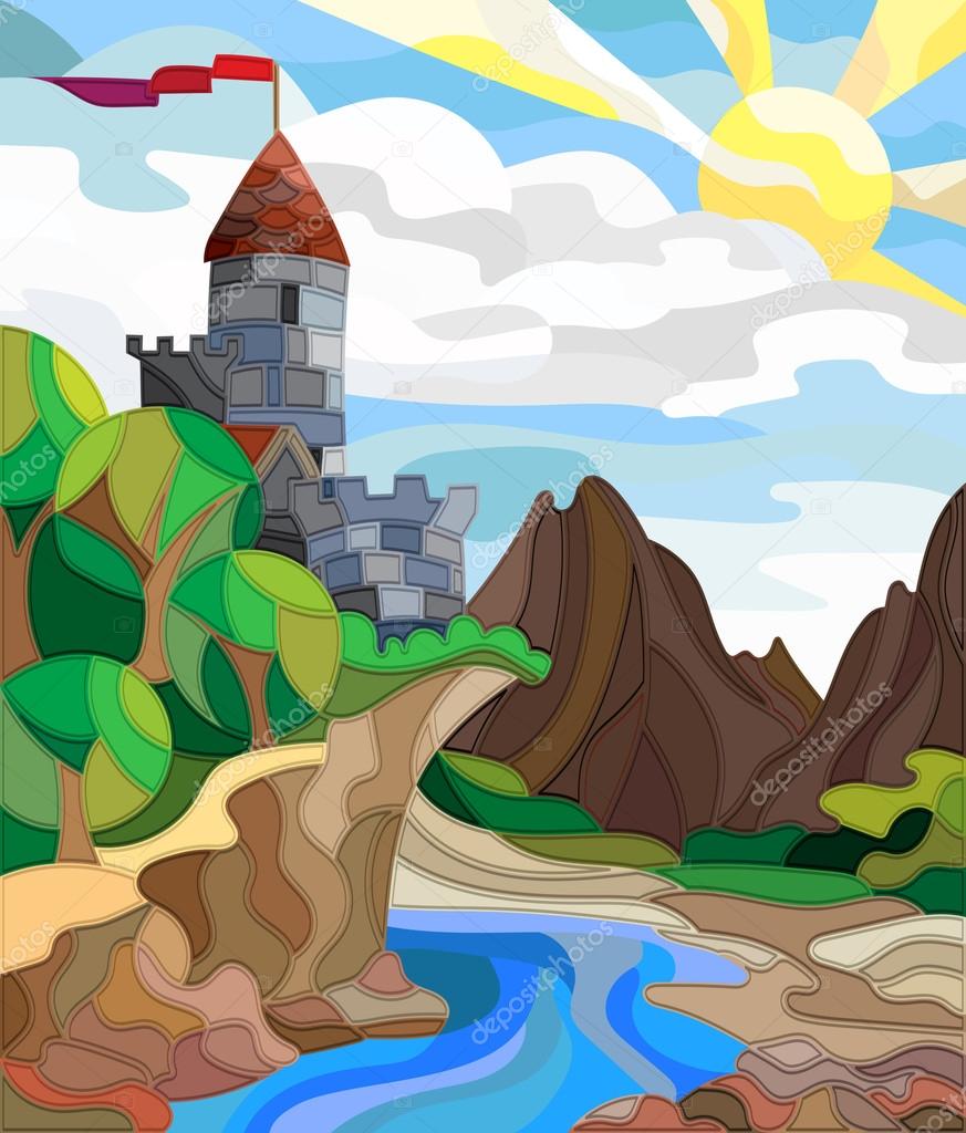 Ilustración en paisaje de estilo vidriera con antiguo castillo en el ...