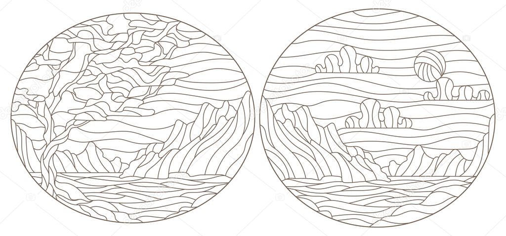 Conjunto de ilustraciones de contorno de vidrieras con paisajes ... Conjunto de ilustraciones de contorno de vidrieras con paisajes ...