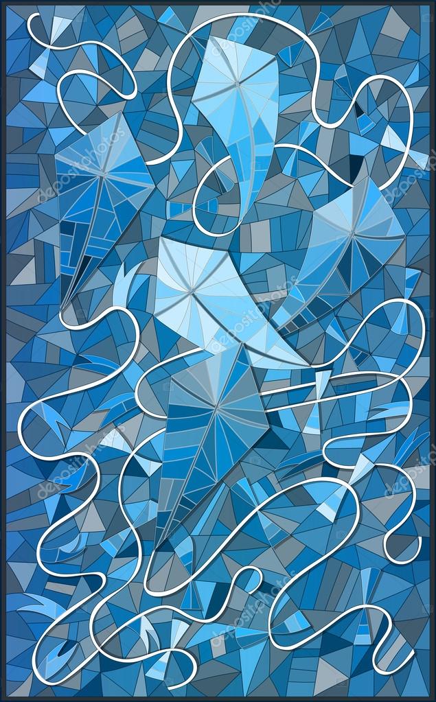 Kites in the sky in the stained glass style blue decoration Stock ...
