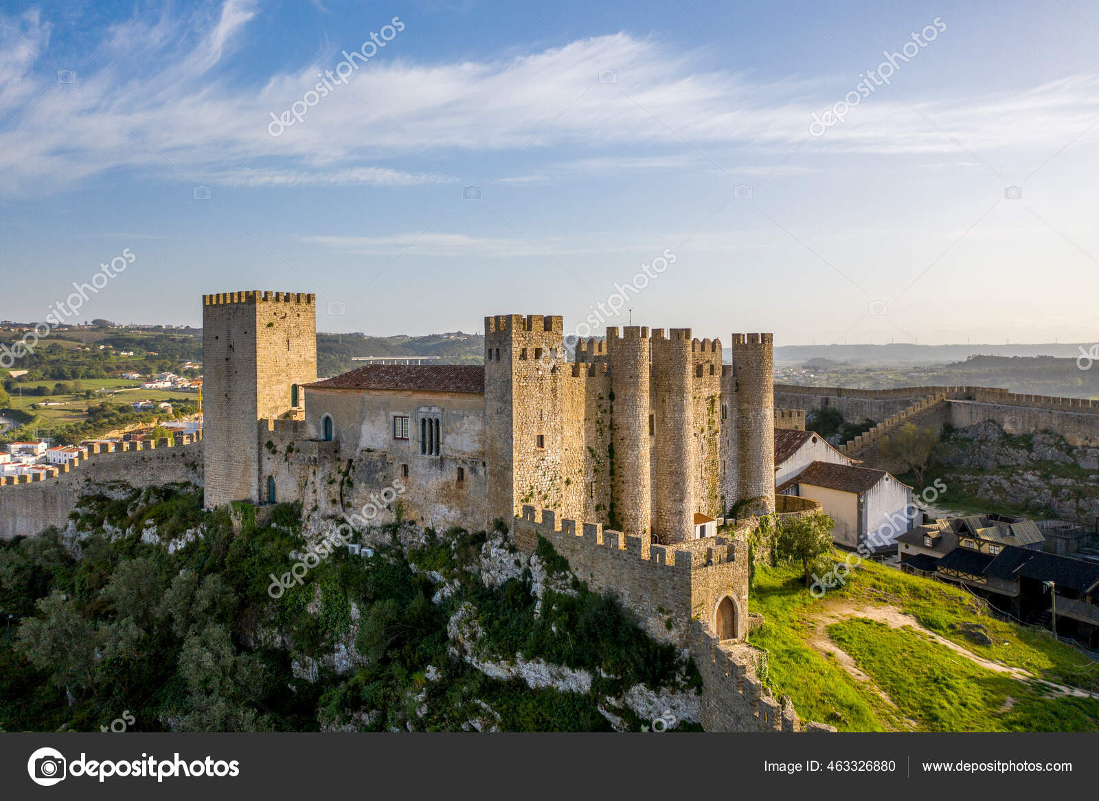 Aerial Drone View Obidos Medieval Castle Obidos Village Portugal Sunset ...