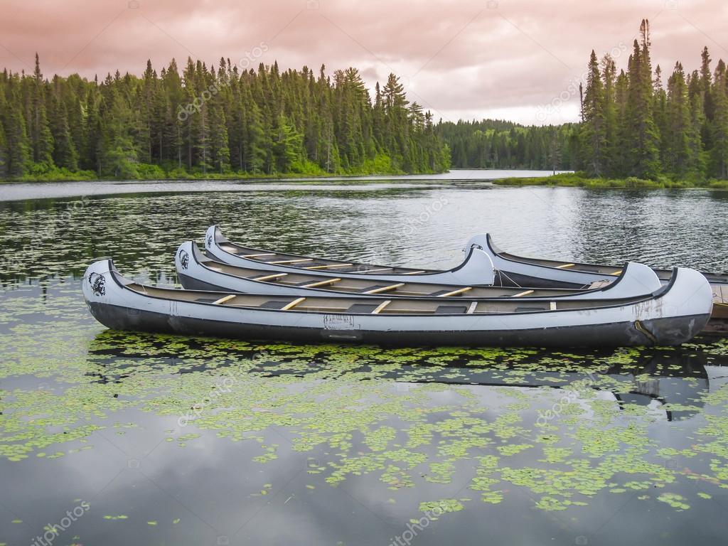 Canoes floating on a peaceful lake, Quebec, Canada — Stock Photo ...