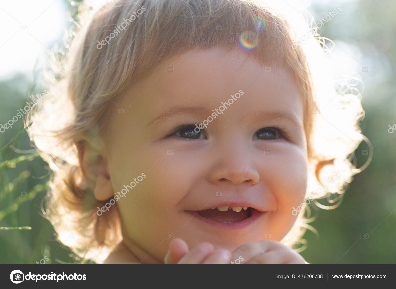 Kids portrait, close up head of cute child. Baby smiling, cute smile on ...
