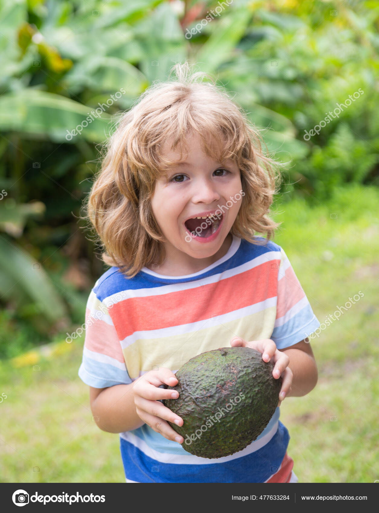Kid eating and enjoying an avocado on a nature background. Healthy food ...