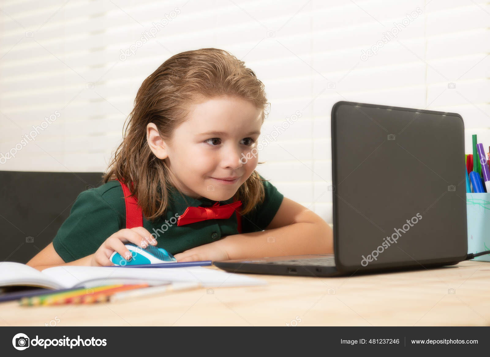 School boy pupil is studying online. Home schooling. Kids distance ...