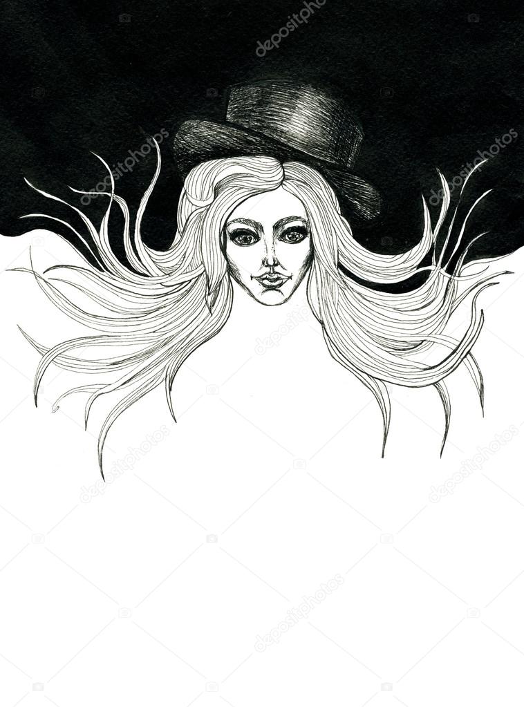 Female portrait in hat pen-and-ink Stock Illustration by ©Tverdohlib ...