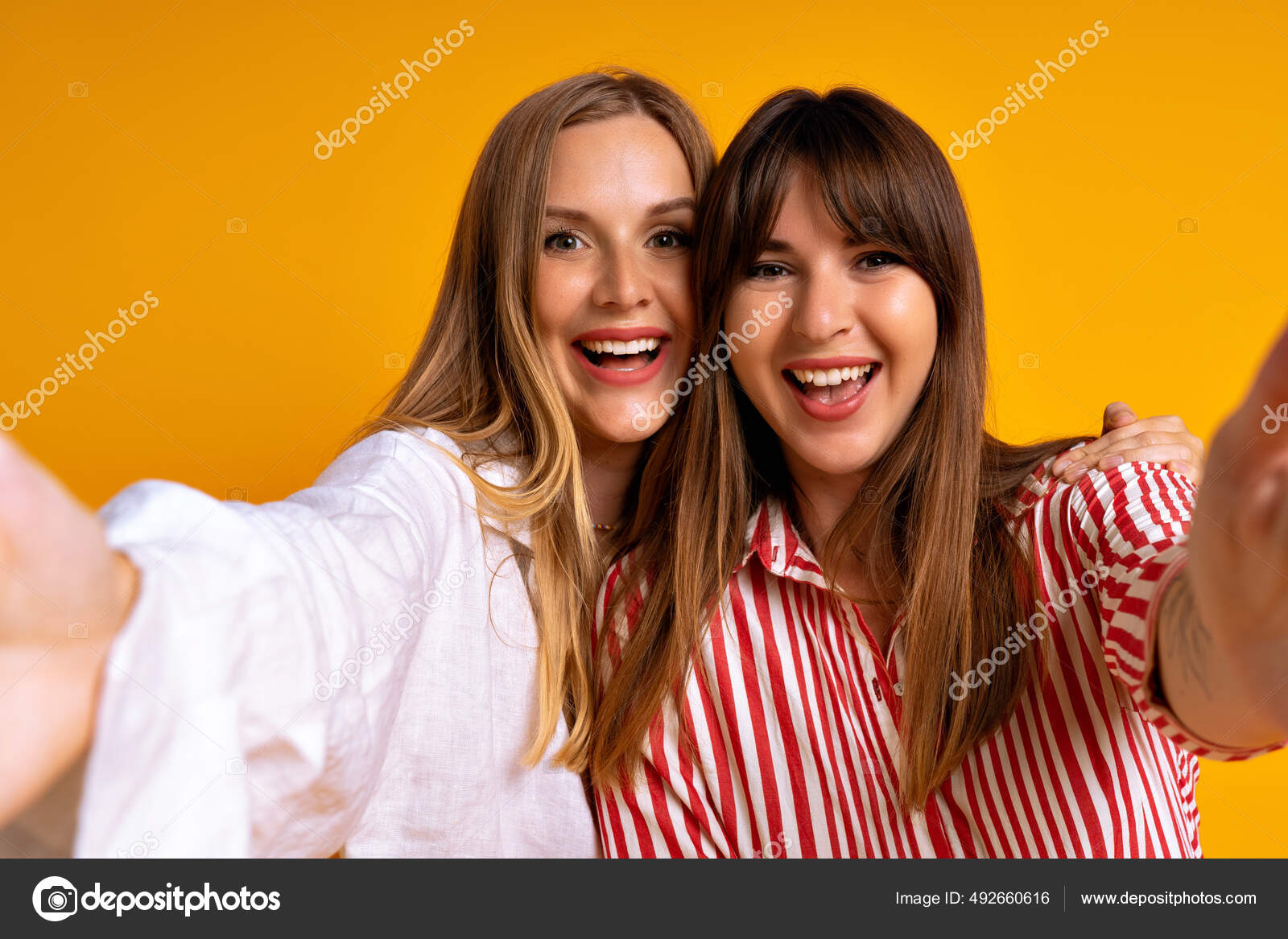 Close Studio Portrait Happy Best Friends Posing Studio Yellow ...