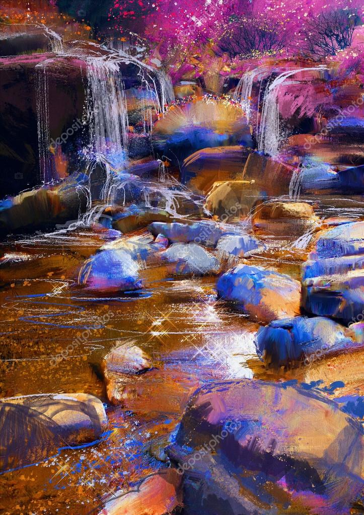 Beautiful river amongst colorful stones,waterfall — Stock Photo ...