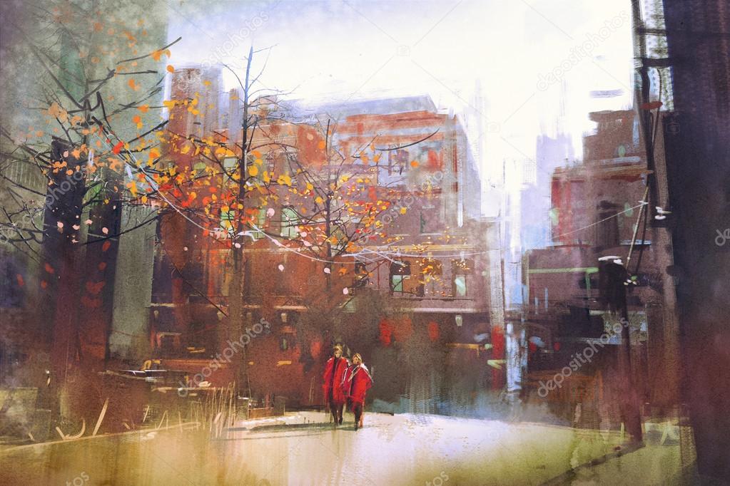 Couple in red walking on street of city Stock Photo by ©grandfailure ...