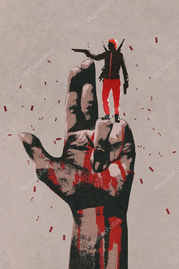 Big hand in gun sign with man shooting gun Stock Illustration by ...