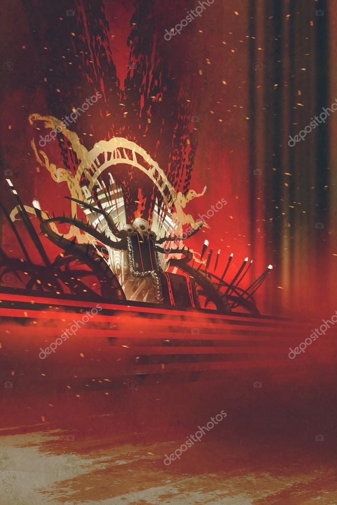 Dark fantasy throne with red curtains background Stock Photo by ...