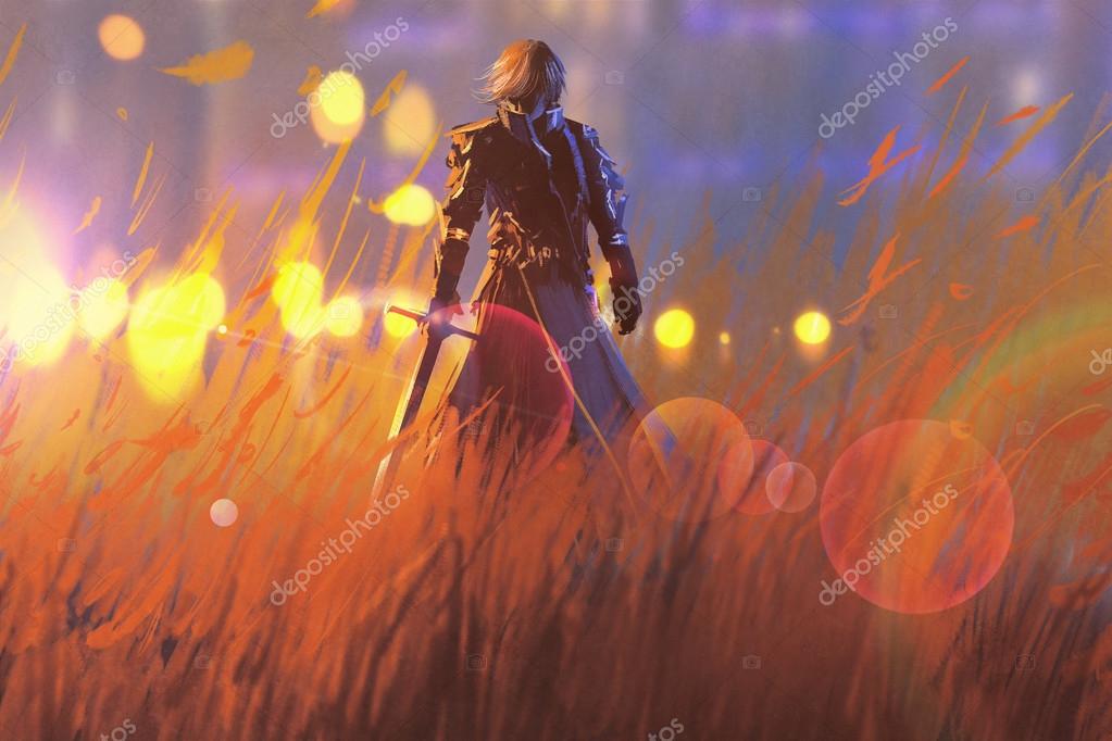 Knight warrior standing with sword in field Stock Photo by ...