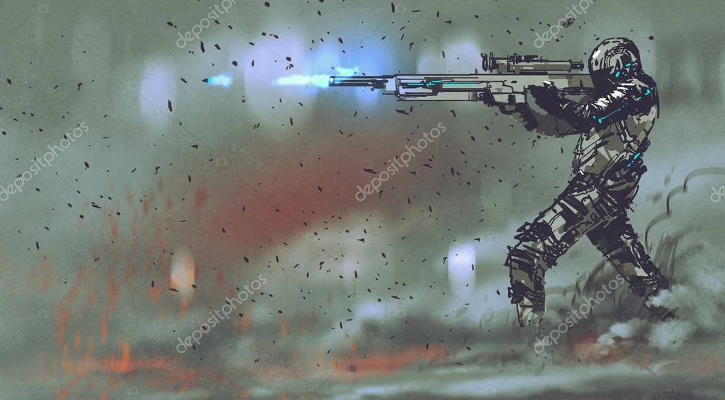 Oldier shooting rifle with futuristic concept — Stock Photo ...