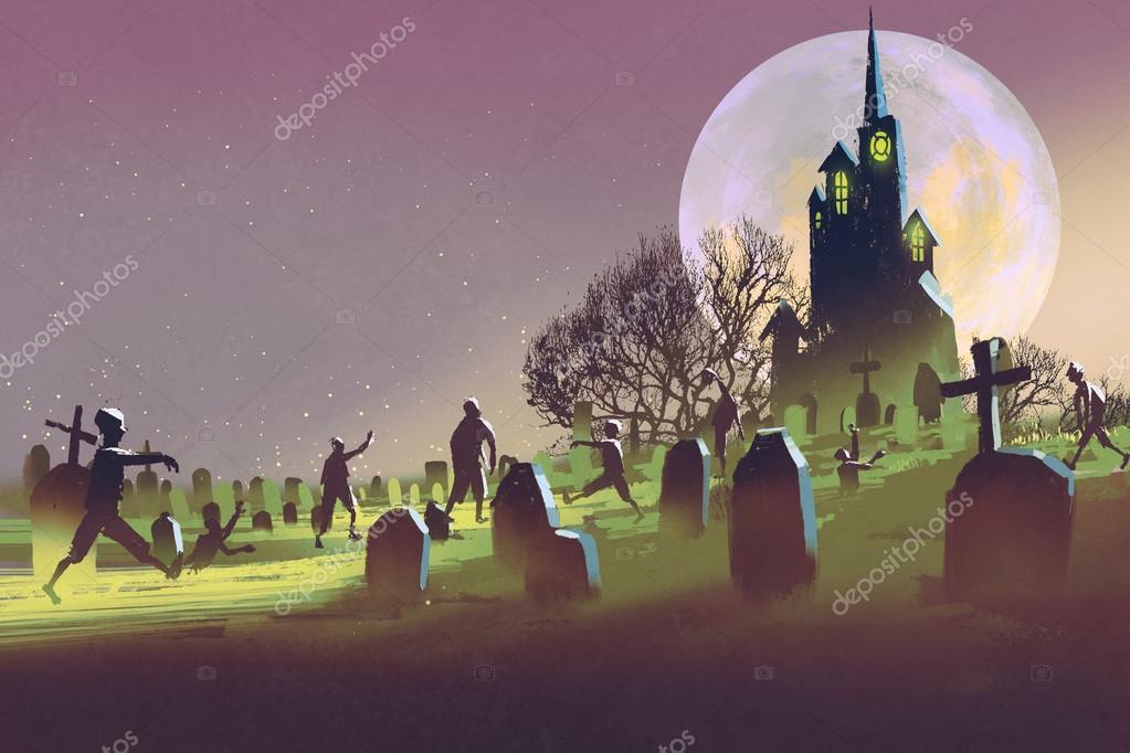 Spooky castle,Halloween concept,cemetery with zombies Stock Photo by ...