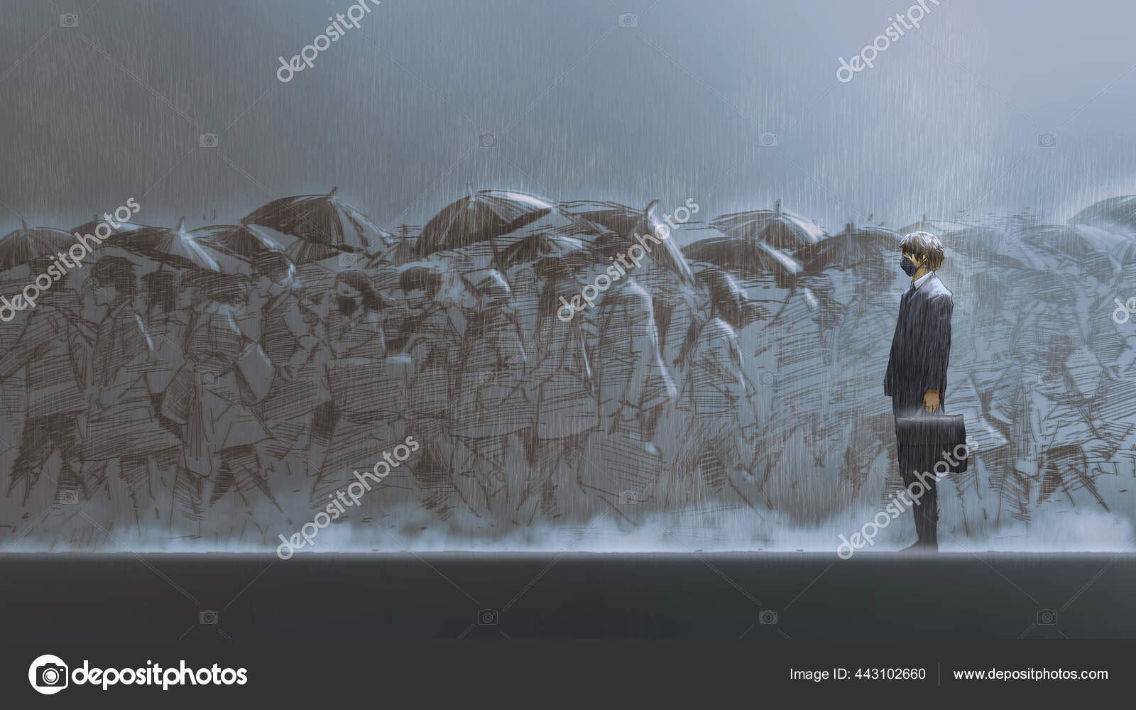 Man Standing Rain People Holding Umbrellas Walks Street Digital Art ...