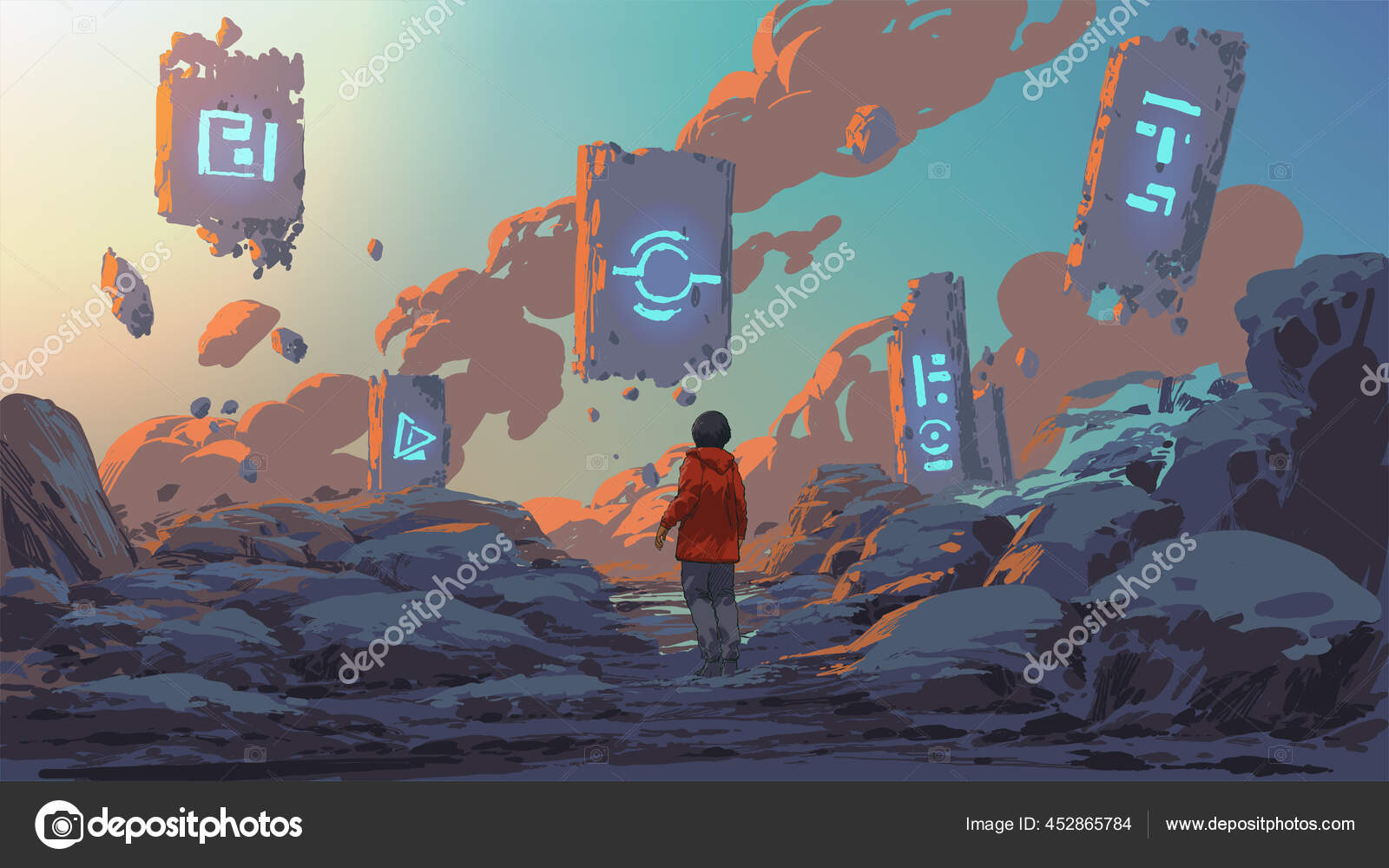 Boy Standing Looking Magic Rocks Floating Sky Vector Illustration Stock ...