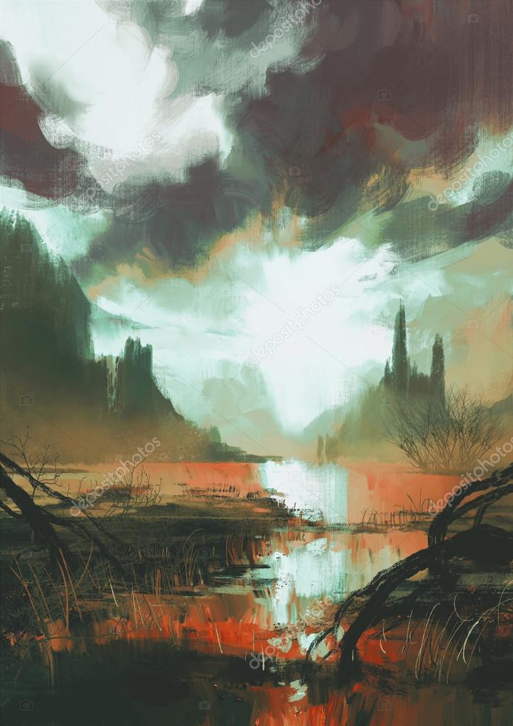 Mystic red swamp at sunset Stock Photo by ©grandfailure 80455690