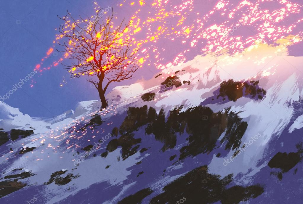 Fantasy landscape showing bare tree in winter with glowing snow Stock ...