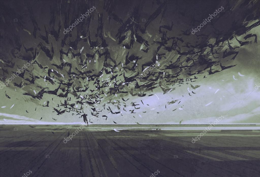Attack of crows,man running away from flock of birds Stock Photo by ...