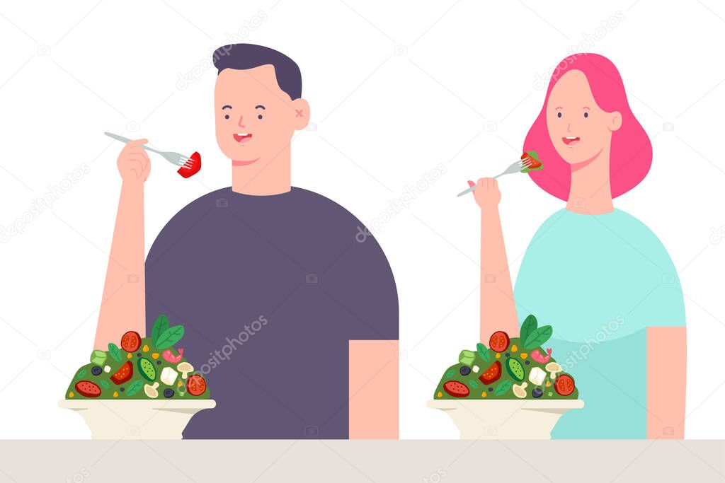Pareja joven comiendo ensalada. Personaje de dibujos animados vectorial de hombre y mujer ...