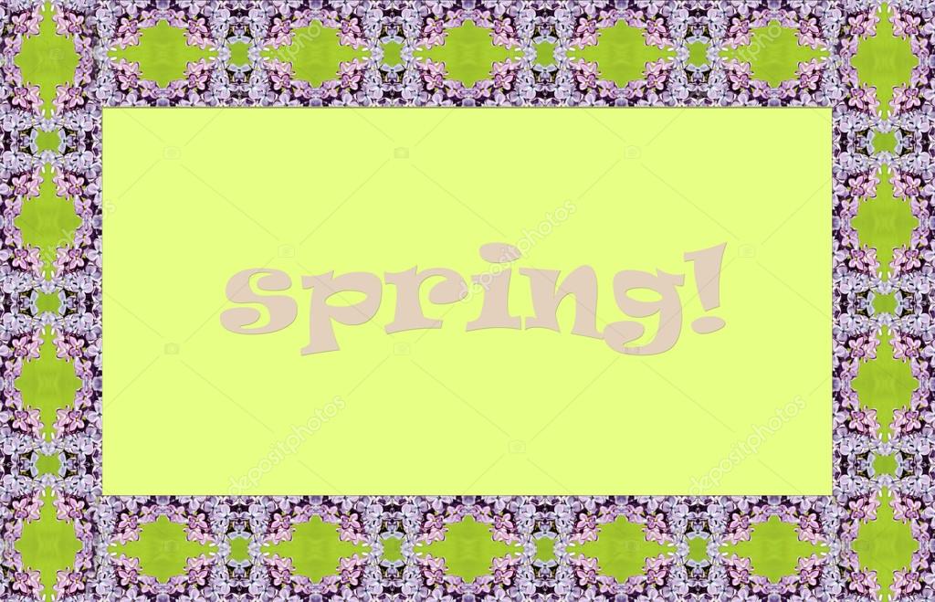 A sign that says "Spring" in the frame of lilac flowers (motivat ...