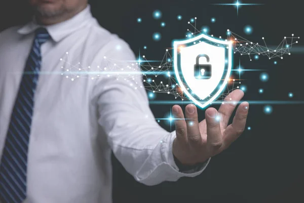 Concept Business, technology, social media. A businessman holding ...