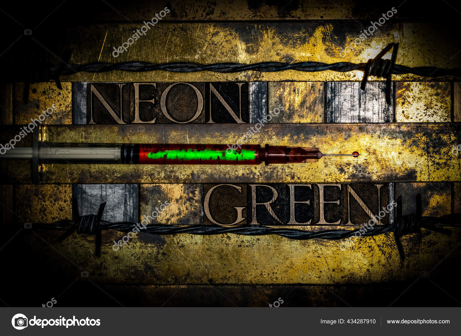 Neon Green Text Lining Syringe Filled Green Fluid Flanked Barbed ...