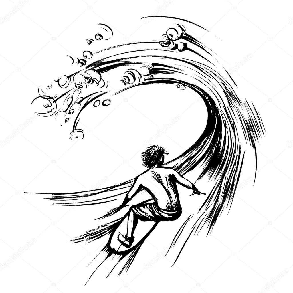 Surfer in Welle Pinsel Freihand Skizze Handdrawn Serigraphie print ...