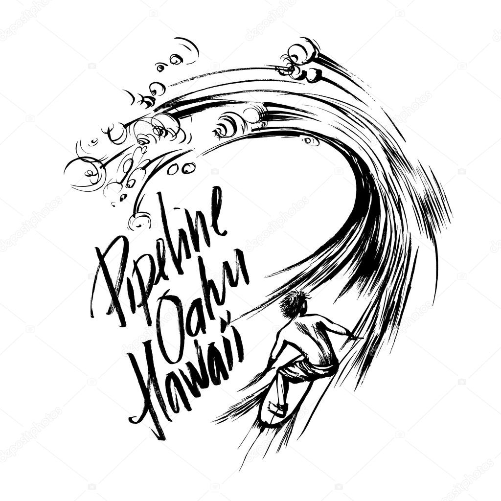 Pipeline Oahu Hawaii Lettering brush ink sketch handdrawn serigraphy ...