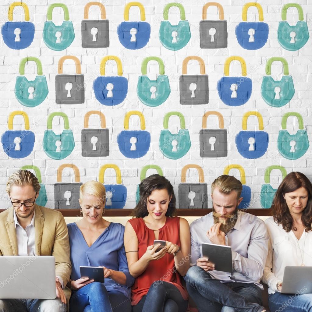 People sit with devices and lock — Stock Photo © Rawpixel #109043146