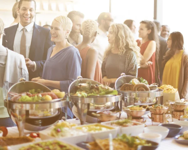 diversity people eating reception food - Stock Image - Everypixel